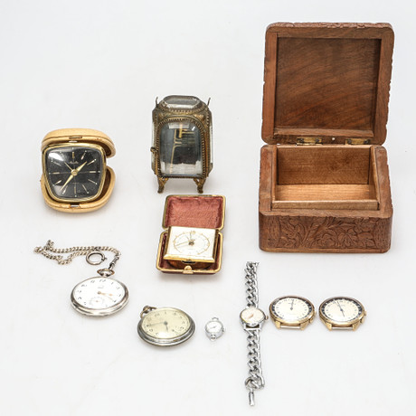 CLOCKS, clock case in glass and brass, pocket watch, wristwatch, travel ...