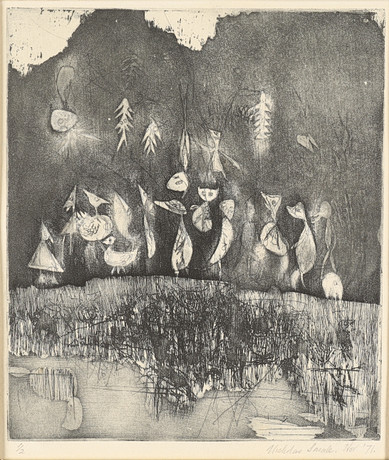 NICHOLAS SMALE. ABSTRAKT LANDSKAP MED SPÖKLIKA FIGURER. Konst - Grafik ...