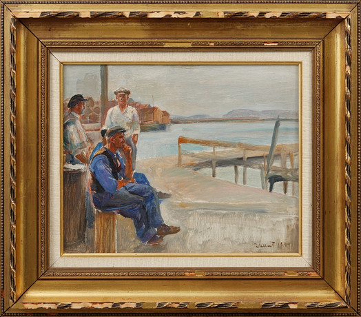 AXEL WALLERT. "Gubbar vid långbryggan", Grundsund, olja på pannå ...