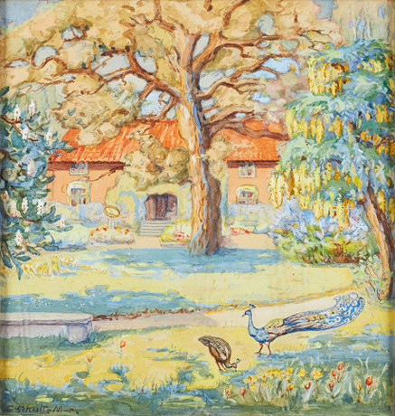 ELSA SCHULTZ MOBERGER (1879-1978): Trädgård med påfåglar, signerad ...