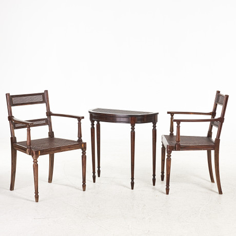 A pair of ARMCHAIRS and a MIRROR TABLE. "Harding", Nordiska Kompaniet ...