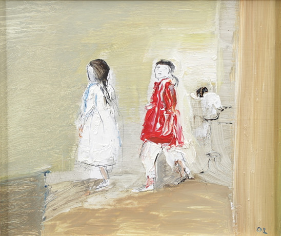 OLLE LINDGREN. "Två flickor", olja på pannå, monogramsignerad OL. Konst ...