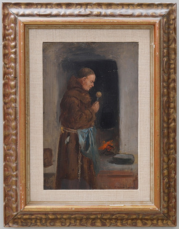 FRANS WILHELM ODELMARK. Klostermiljö med munk, olja på träpannå ...