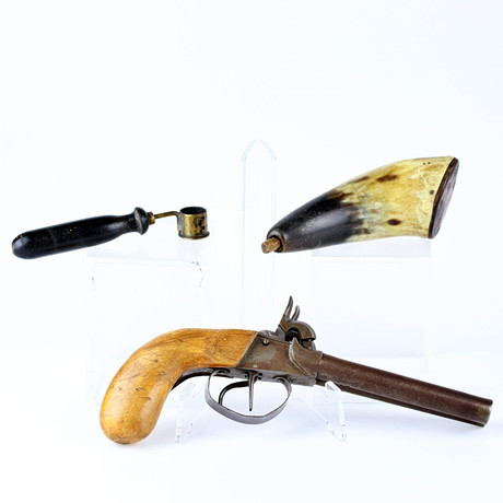 DOUBLE BARREL BLACK POWDER PISTOL, POWDER HORN and POWDER MEASURE ...