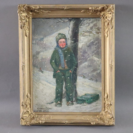- ESSER, HEINZ. Smoking boy on a snowy toboggan slope, oil on panel ...