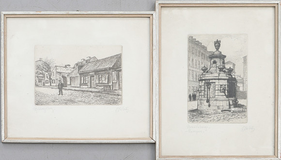 ERIK ENROTH. etsningar,2 stycken, signerade, Roslagstorg och ...