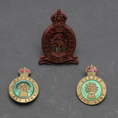 A SECOND WORLD WAR WOMEN'S LAND ARMY TIMBER CORPS BADGE AND TWO OTHERS ...