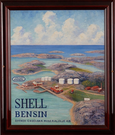 OIDENTIFIERAD KONSTNÄR. "Shell Bensin", olja på duk, signerad N.B. 1900 ...