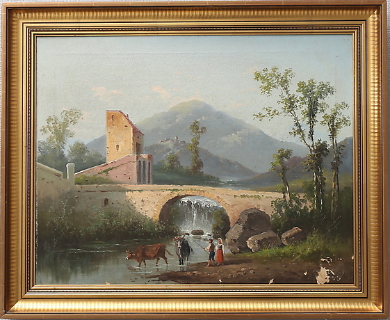 ATTRIBUTED TO THÉODORE GÉRARD. Landscape with houses and figures. Oil ...