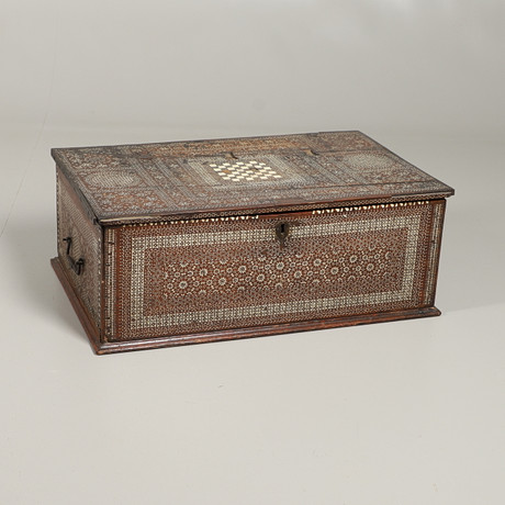 A NORTH AFRICAN BONE INLAID HARDWOOD TRAVELLING CHEST. Furniture ...