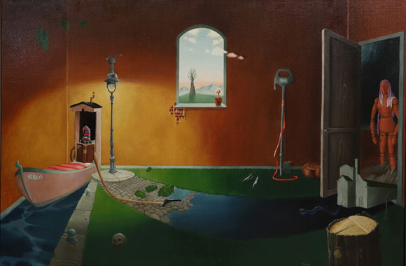 HAWK ALFREDSON. Surrealistisk målning på duk, vatten och natur ...