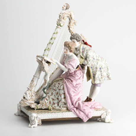 GROUP OF FIGURES, porcelain, couple playing the harp, Rococo style ...