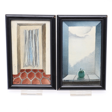 HAWK ALFREDSON. Olja på duk, surrealistisk komposition, 2 st, signerad ...