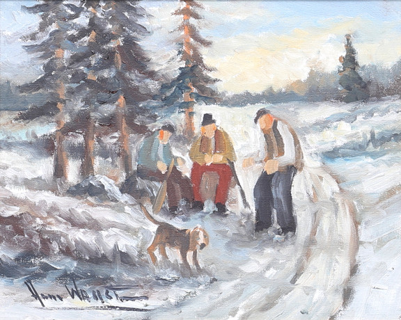 ARNE WALLSTEN. "The hunters take a coffee break". Oil on canvas, signed ...