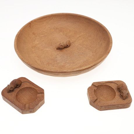 ROBERT THOMPSON OF KILBURN - MOUSEMAN NUT BOWL & TWO DISHES ...