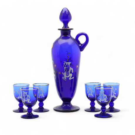 CARAFE AND SNAP GLASS, 7 parts, labeled Smålandsglas, second half of ...