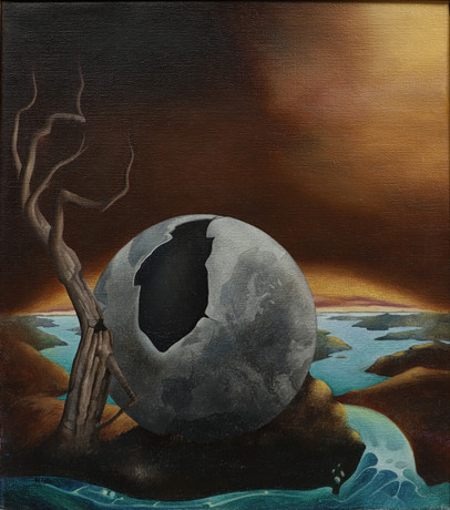 HAWK ALFREDSON. Olja på duk, surrealistisk, a tergo, daterad 1981 ...