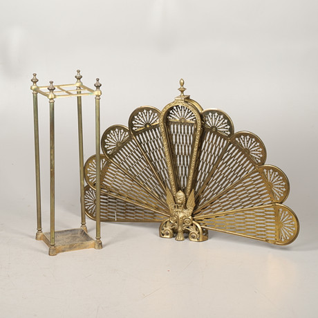 A BRASS FOUR SECTION STICK STAND AND A FIRE SCREEN. Silver & Metals ...