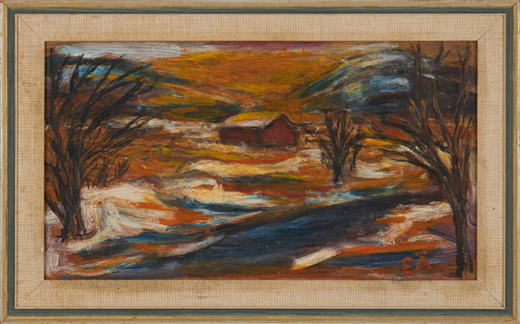 ERLING ÄRLINGSSON. Lada, monogramsignerad EÄ, olja på pannå. Konst ...