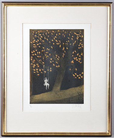 LARS BO (1924-1999). figure in swing with trees and birds, etching. Art ...