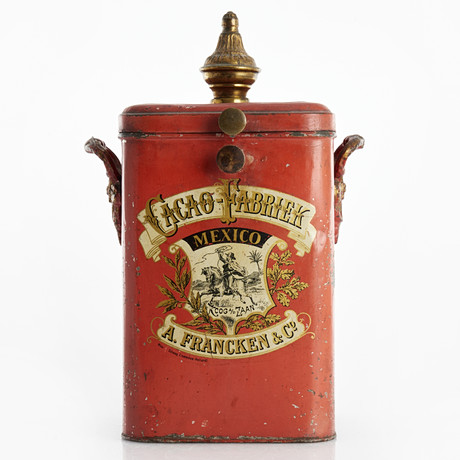TIN CAN, lithographed, Cacao-Fabriek A.Francken & co, Mexico, early ...