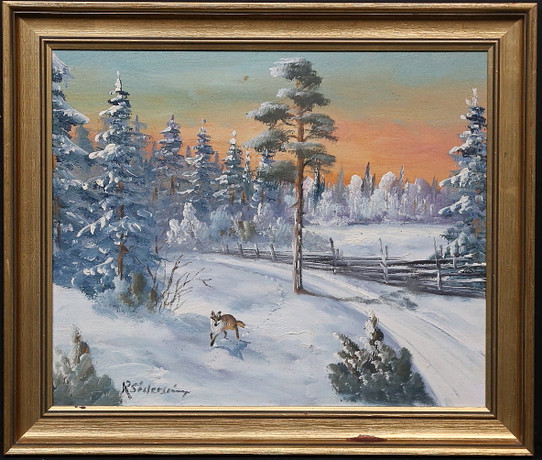 RAGNAR EGRON SÖDERSTRÖM. olja på duk, " vinterlandskap med räv ...