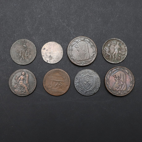 A COLLECTION OF EIGHT 18TH CENTURY AND LATER TRADE TOKENS. Coins ...
