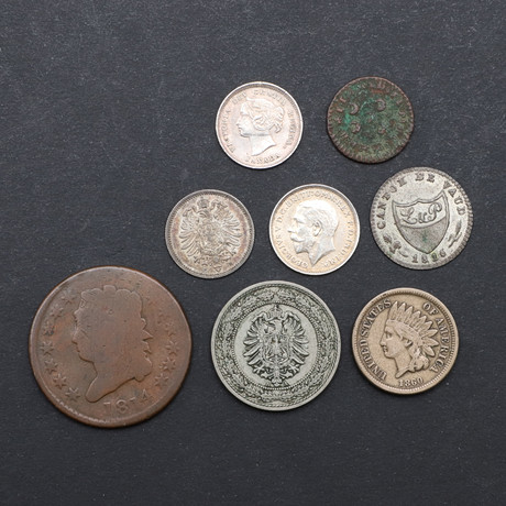 A SMALL COLLECTION OF COINS INCLUDING AN AMERICAN CENT FOR 1814. Coins ...