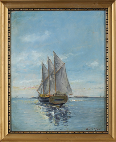 OIDENTIFIERAD KONSTNÄR. Segelfartyg, olja på pannå, Monogramsignerad E ...