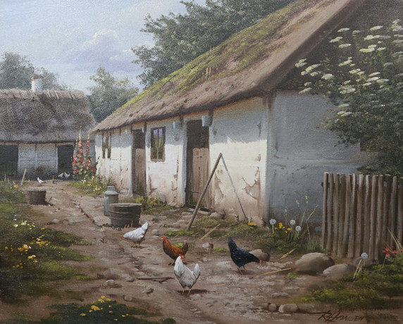 ROALD HANSEN. Farm with chickens. Oil on canvas, signed R. Hansen. Art ...