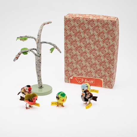 Steiff, uppstoppade djur/samlarföremål, fågelträd med fem ...