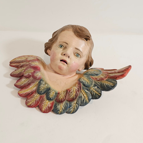 ANGEL HEAD IN CARVED AND POLYCHROME WOOD IN SOFT TONES. XIX CENTURY ...