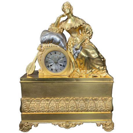 French Louis Philippe mantel clock 'Lady with Mandola', gilded bronze ...