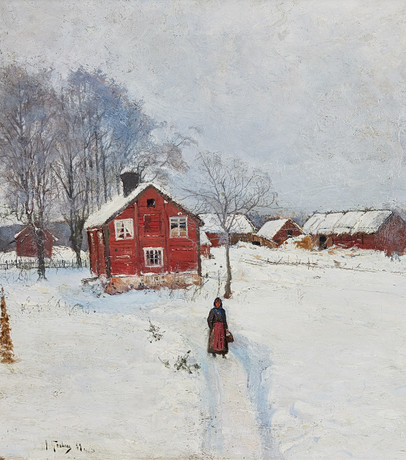 ANTON GENBERG. Gårdsmiljö i vinterlandskap. Konst - Måleri - Auctionet