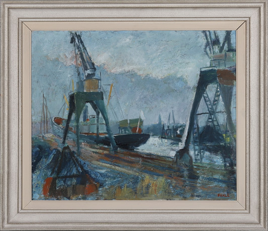 GUSTAF ADOLF FAHLE. "Skymning hamnen Norrköping", signerad och daterad ...