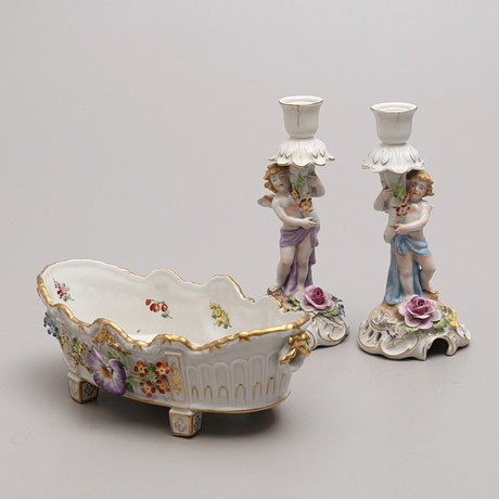 LJUSSTAKAR SAMT SKÅL, porslin, rokokostil, bla von Schierholz, Tyskland ...