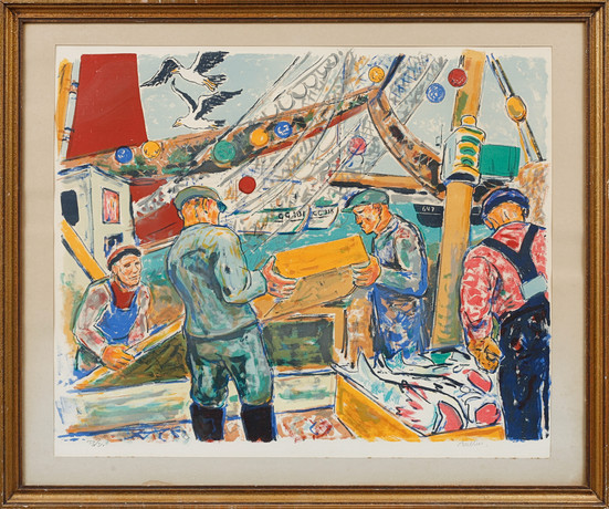 ALBIN AMELIN. Fiskare i hamnen. Färglitografi, signerad och numrerad ...