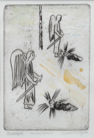 HANS WIGERT. watercolor drypoint engraving, "Guardian Angels", signed ...