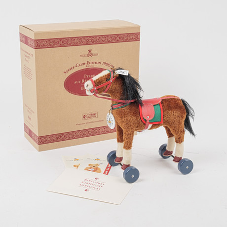 Steiff, horse on wheels, Club Edition in original packaging, replica, mohair, 1988, Germany ...