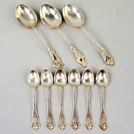 DESSERT/-KAFFESKEDAR, 9 st, bl a "Svenska Floran" 3 st, silver, GEWE ...