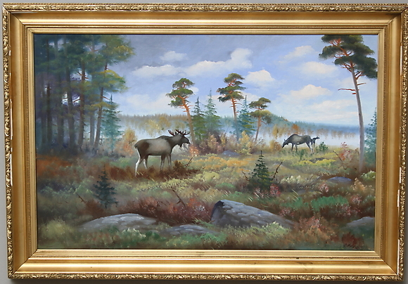 J.BERG. Oil painting "moose in forest". Art - Paintings - Auctionet