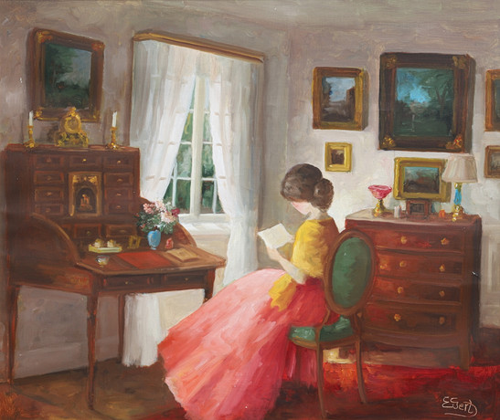 EDITH GEERT. INTERIOR WITH READING WOMAN. Art - Paintings - Auctionet