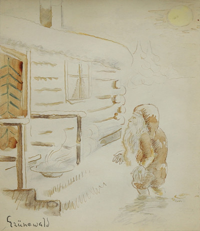 ISAAC GRÜNEWALD. Tomte vid gröten, akvarell, signerad. Konst - Måleri ...