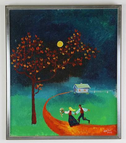 BROR-ERIC BERGQVIST. Olja på pannå, brudpar med folkdräkt, signerad och ...