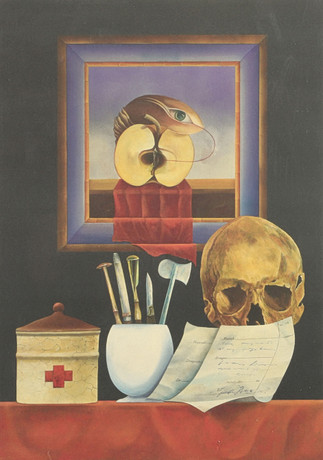 PETER JAKOBY. Stilleben med dödskalle, färglitografi, signerad -89 ...