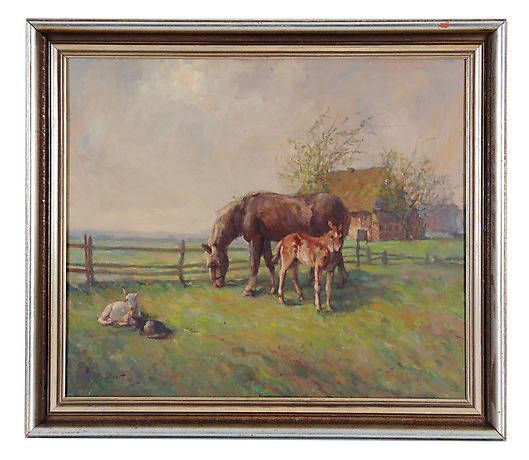 THEODOR BECHER. naturalism. Häst och föl på hage. Konst - Måleri ...