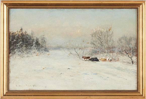 OLOF HERMELIN (1827-1913). vinterlandskapsmotiv, olja på pannå ...