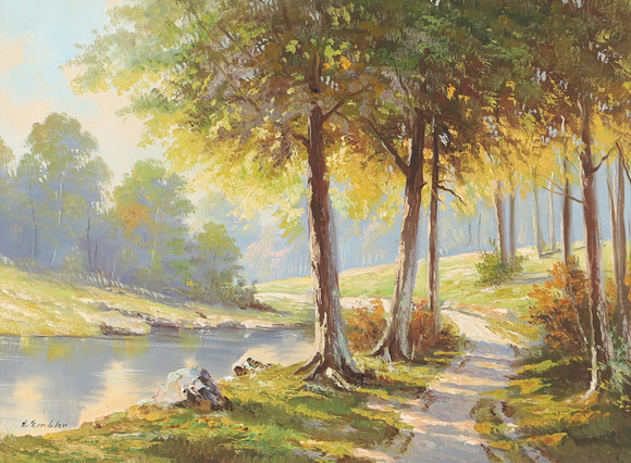EMANUEL EMBLER. Skogsparti, olja på duk, signerad E. Embler. Konst ...
