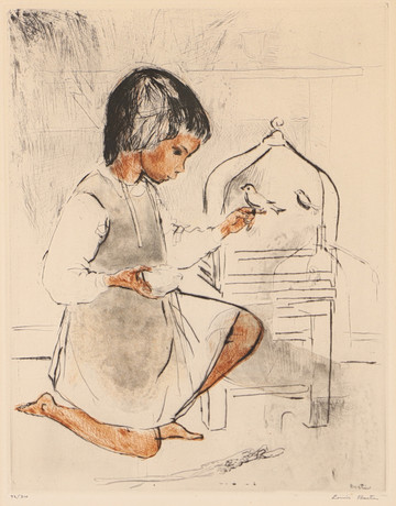 LOUIS BASTIN. Flicka med fåglar, etsning, signerad, 92/310. Konst ...