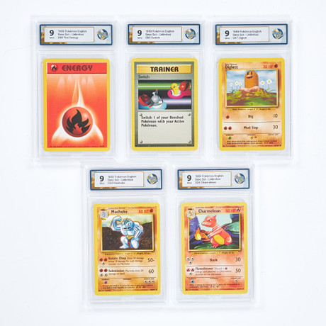 POKÉMONKORT, 5 graded, 1999, Base set Unlimited, Raukcard, graded mint ...